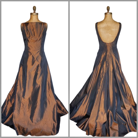Vintage | Dresses | Vintage Jim Hjelm Brown Taffeta Open Back Gown With Pleated Train | Poshmark